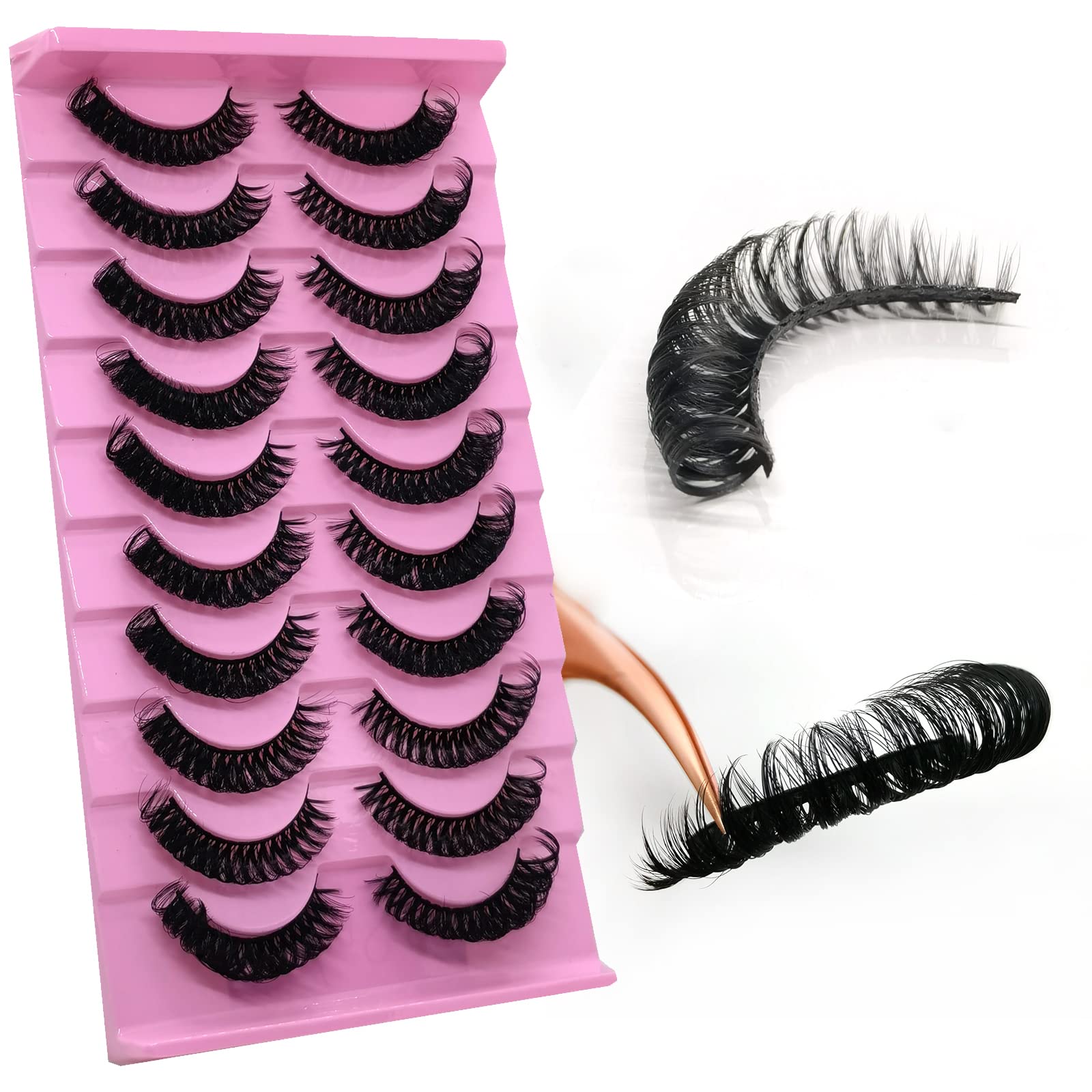 10Pairs 3d Russian, D Curl Lash Strips, 15mm Wispy Fake Lashes that Look Like Extensions, Natural False Lashes Mink