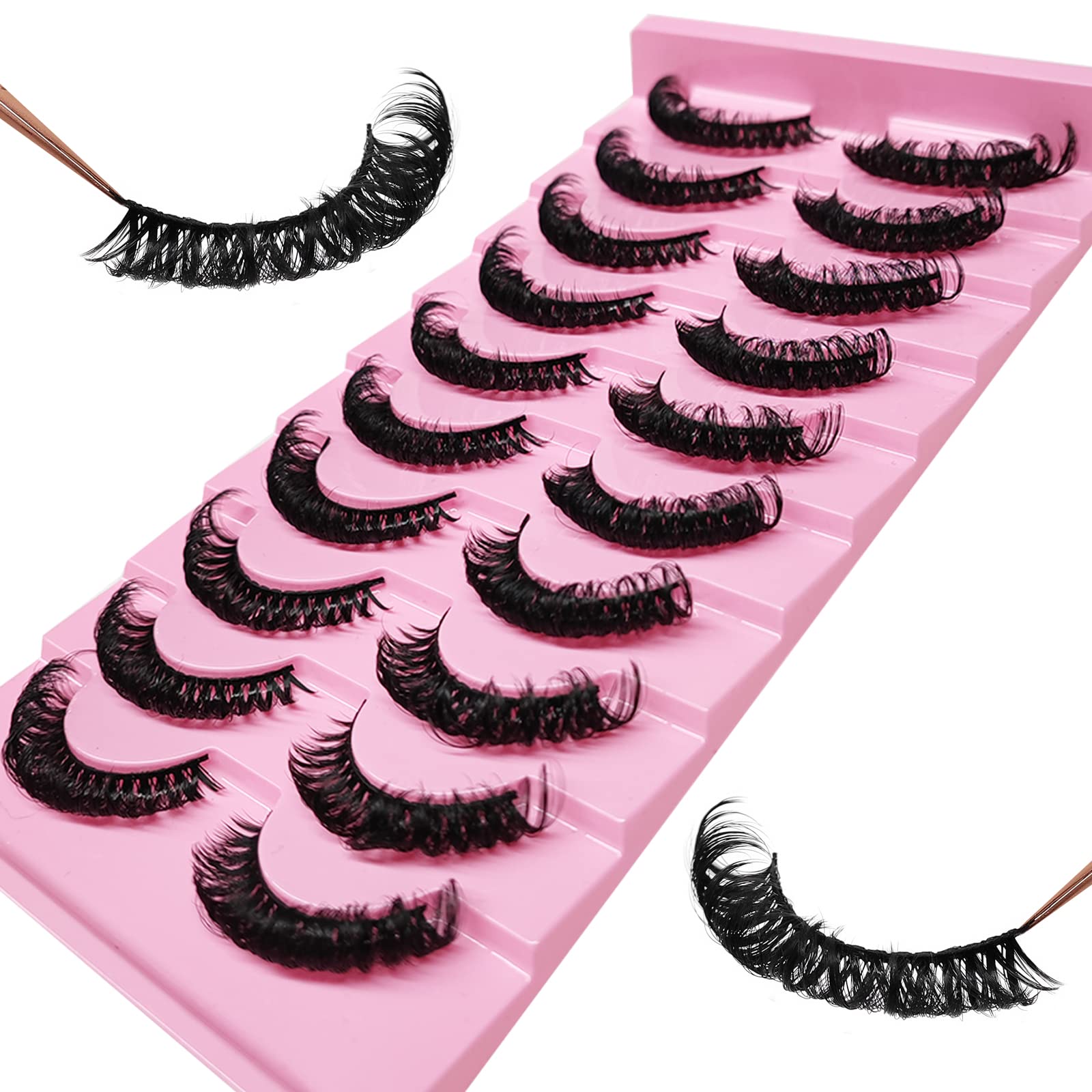 10Pairs 3d Russian, D Curl Lash Strips, 15mm Wispy Fake Lashes that Look Like Extensions, Natural False Lashes Mink