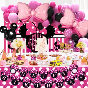 Pink Mouse Birthday Decorations Party Supplies for 1st 2nd 3rd Year Girl Baby Shower Pack (109 Pcs including Backdrop, Tablecloth, Banner, Headband, Foil Balloons, Balloons Garland Arch Kit)