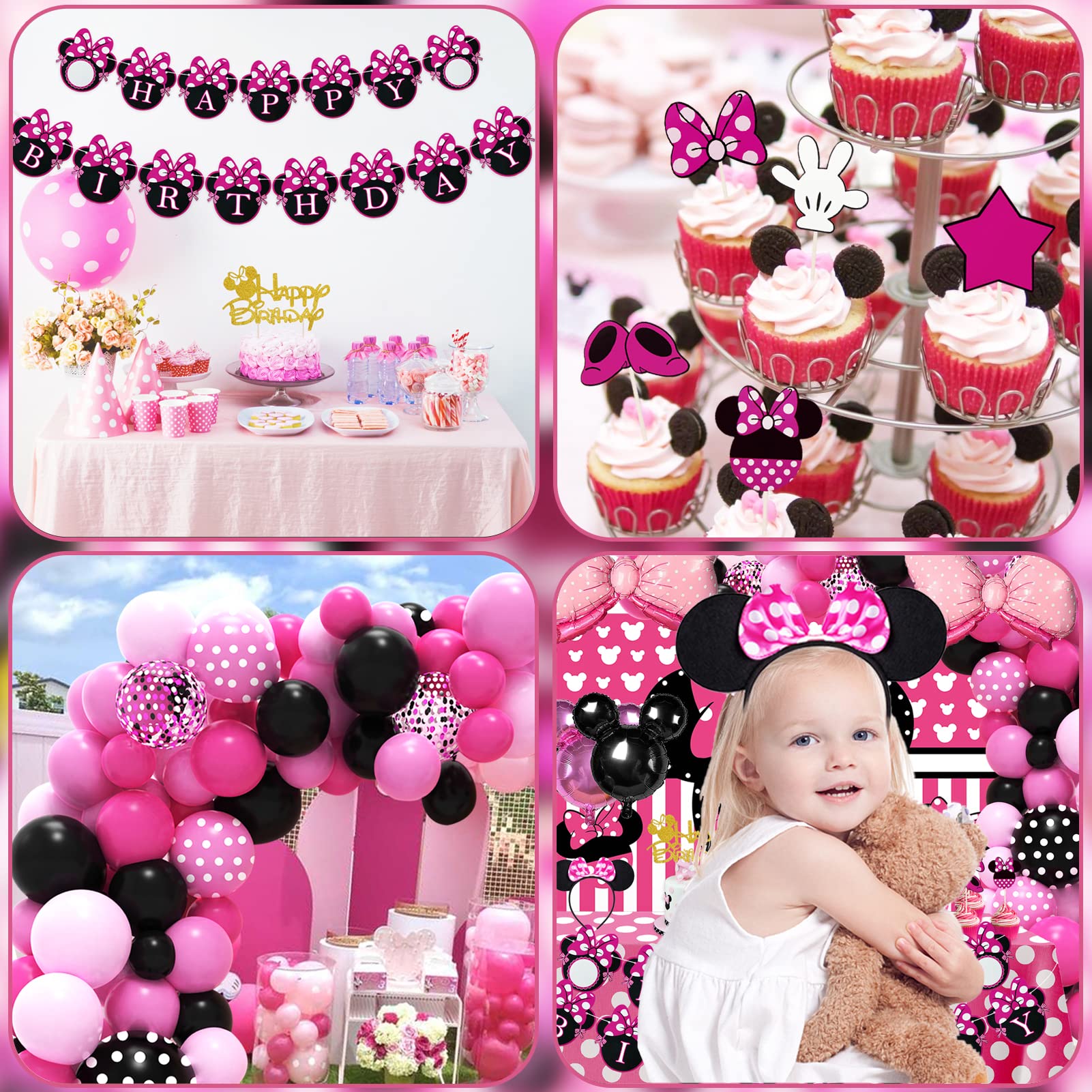 Pink Mouse Birthday Decorations Party Supplies for 1st 2nd 3rd Year Girl Baby Shower Pack (109 Pcs including Backdrop, Tablecloth, Banner, Headband, Foil Balloons, Balloons Garland Arch Kit)