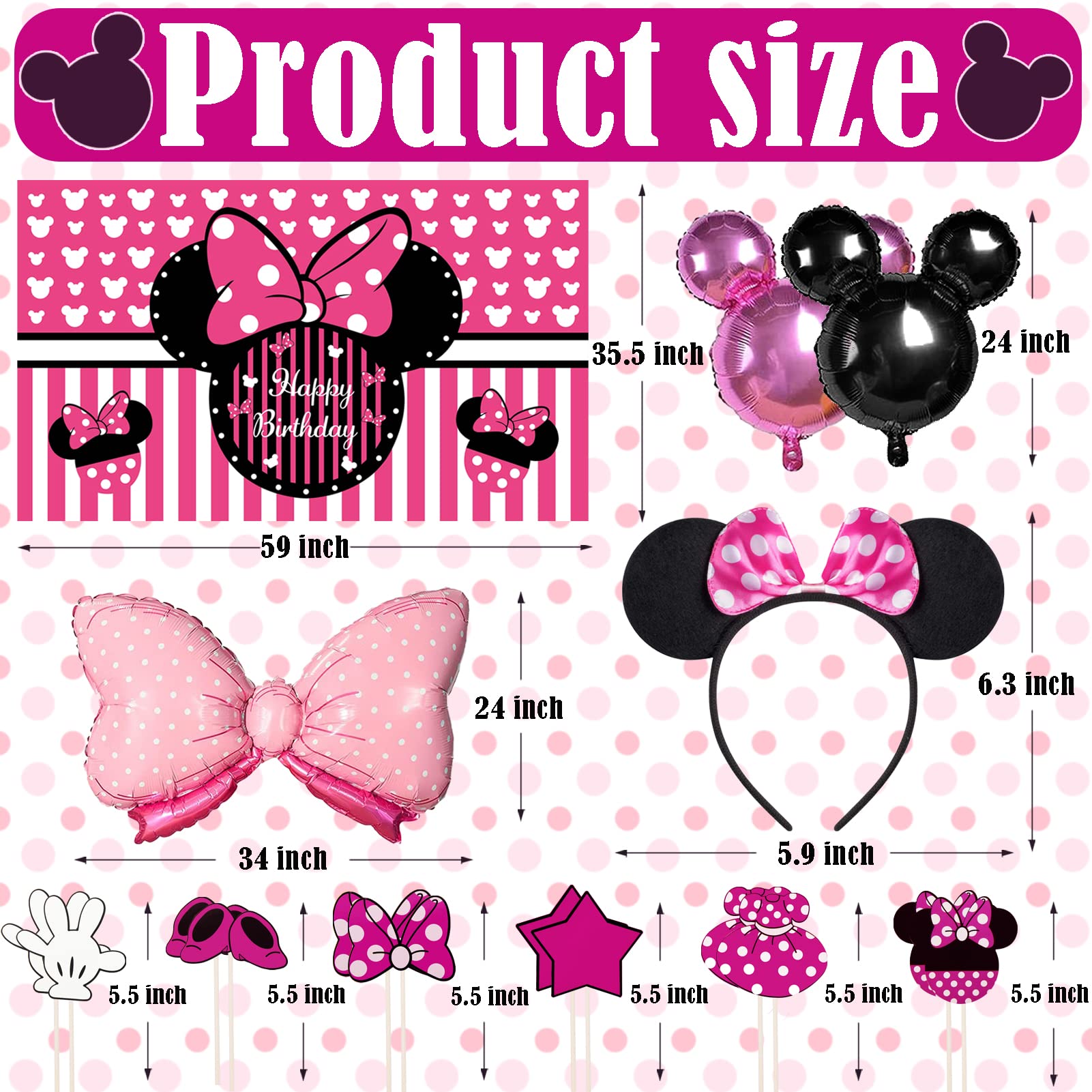 Pink Mouse Birthday Decorations Party Supplies for 1st 2nd 3rd Year Girl Baby Shower Pack (109 Pcs including Backdrop, Tablecloth, Banner, Headband, Foil Balloons, Balloons Garland Arch Kit)