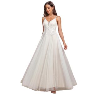 ever-pretty women's ruched tulle embroidered lace long summer evening party dresses for wedding white us16