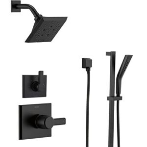 delta faucet pivotal 3-setting matte black shower system including black shower head, slide bar handheld shower, shower handle, shower diverter and shower valve kit, delta shower trim kit, matte black