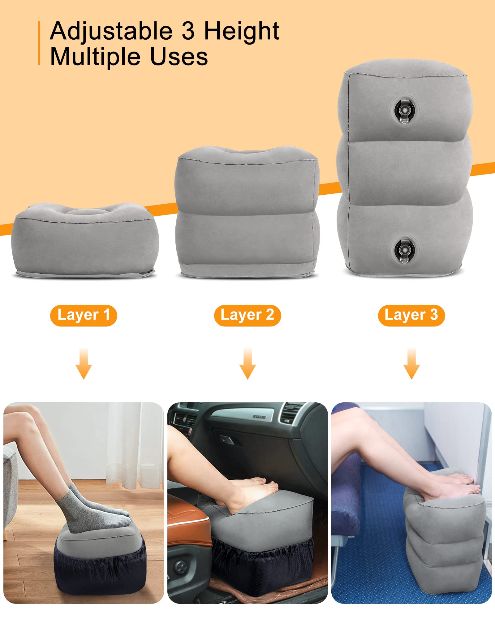 BLABOK Inflatable Foot Rest for Air Travel, Airplane Footrest Adjustable Height Travel Foot Pillow for Kids & Adults on Plane,Car,Train,Office (Grey)