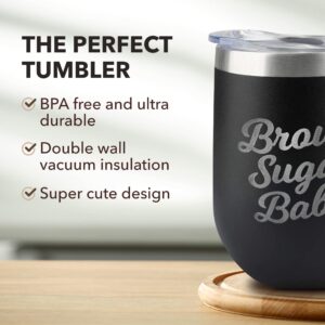 Momstir Brown Sugar Babe 12 oz Wine Tumbler - Black Girl Magic Mug for Birthday, Anniversary, Couples Gifts - Stainless Steel Wine Tumbler With Lid, African Coffee Mug - Wine Glasses for Women