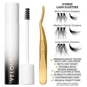 Velour-Xtensions™ Lash Clusters Kit - DIY Lash Extension Kit at Home, Salon Quality Lashes in 10 Minute – Includes 12 Eyelash Clusters (10mm-14mm) + Lash Bond + Lash Applicator – Individual Lashes Kit