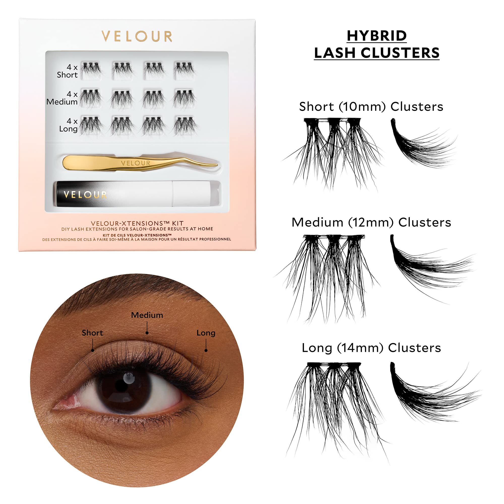 Velour-Xtensions™ Lash Clusters Kit - DIY Lash Extension Kit at Home, Salon Quality Lashes in 10 Minute – Includes 12 Eyelash Clusters (10mm-14mm) + Lash Bond + Lash Applicator – Individual Lashes Kit