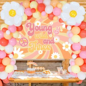 cheereveal young and wild three decorations girl, three groovy birthday decorations with backdrop retro hippie boho daisy flower 3rd birthday supplies balloon garland kit