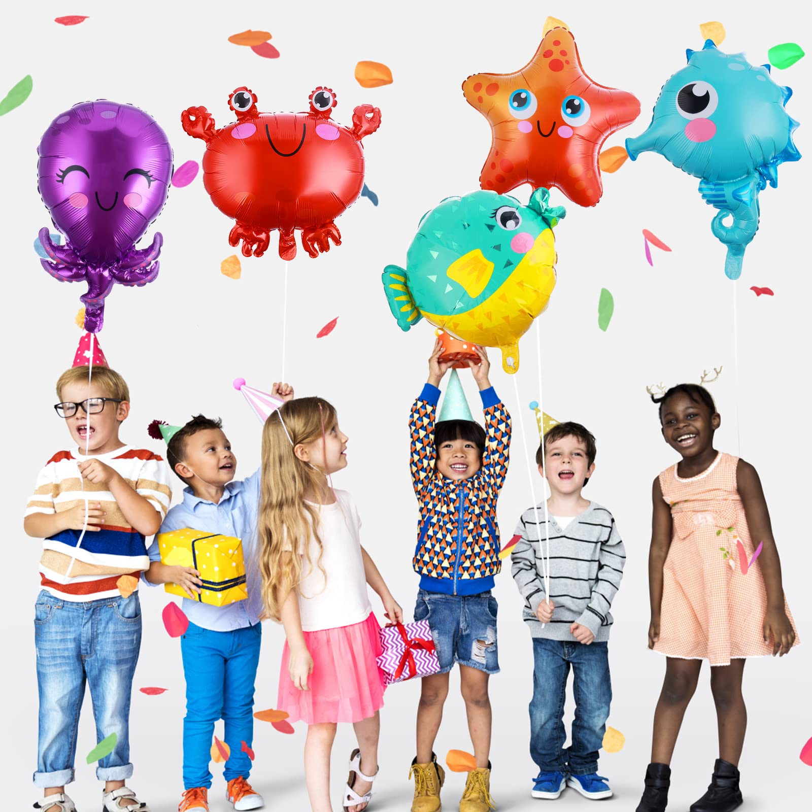 Prasacco 5 Pieces Sea Animals Balloons, Under The Sea Party Decorations Water Balloons Seahorse Starfish Puffer Fish Crab Octopus Balloon for Birthday Under The Sea Ocean Party Decorations