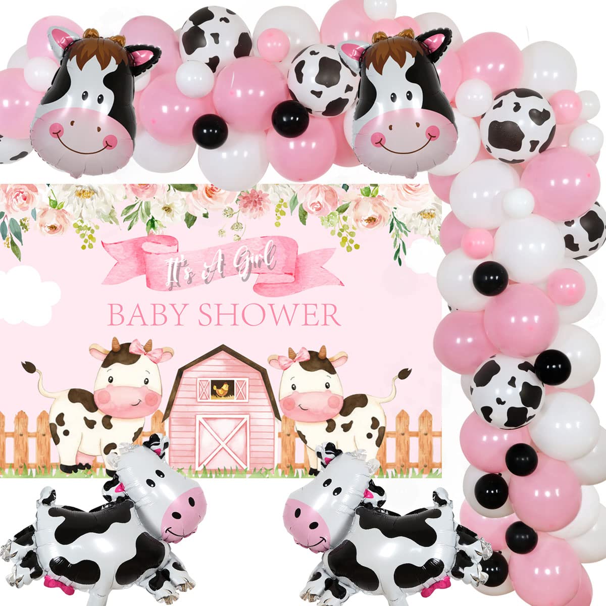 Cheereveal Cow Baby Shower Decorations for Girl - Cow Balloon Garland & Arch Kit and Farm Animal Baby Shower Backdrop Barnyard Party Supplies