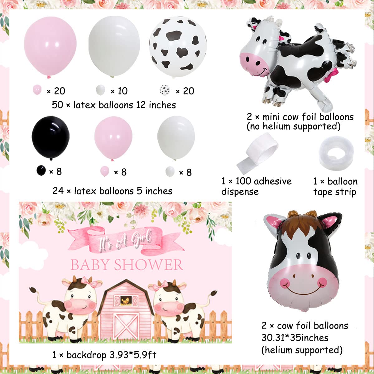 Cheereveal Cow Baby Shower Decorations for Girl - Cow Balloon Garland & Arch Kit and Farm Animal Baby Shower Backdrop Barnyard Party Supplies