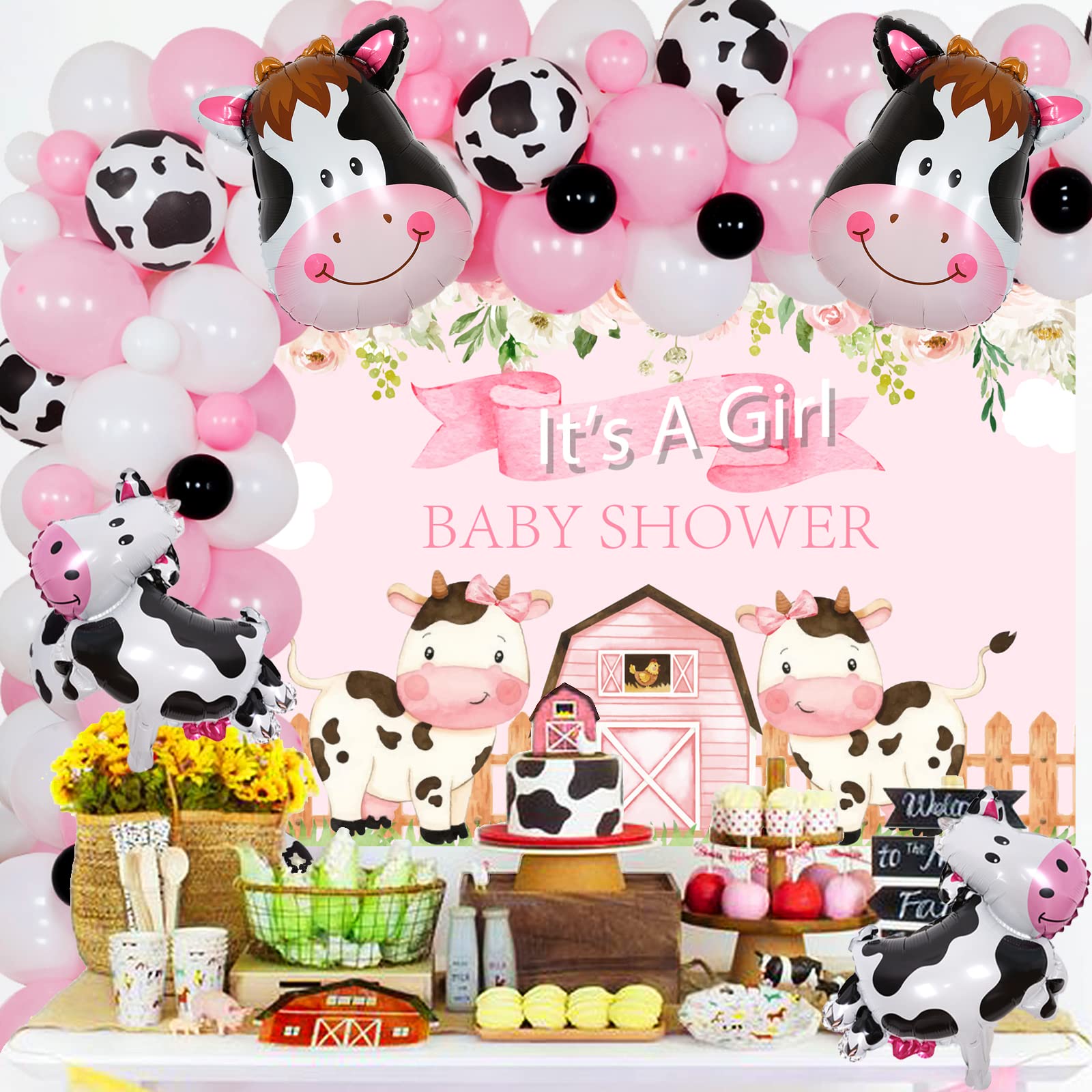 Cheereveal Cow Baby Shower Decorations for Girl - Cow Balloon Garland & Arch Kit and Farm Animal Baby Shower Backdrop Barnyard Party Supplies