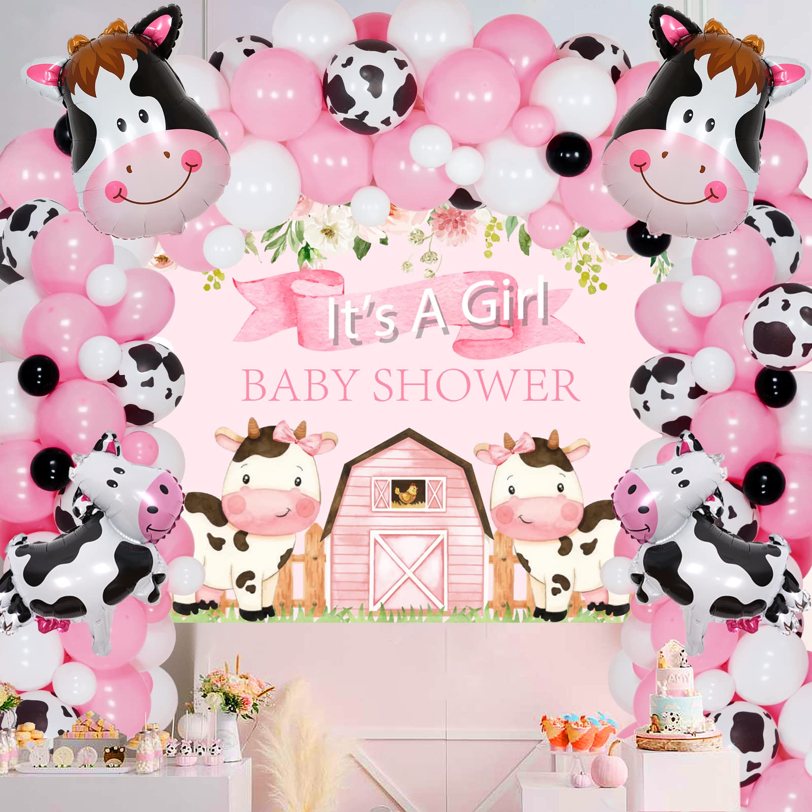 Cheereveal Cow Baby Shower Decorations for Girl - Cow Balloon Garland & Arch Kit and Farm Animal Baby Shower Backdrop Barnyard Party Supplies