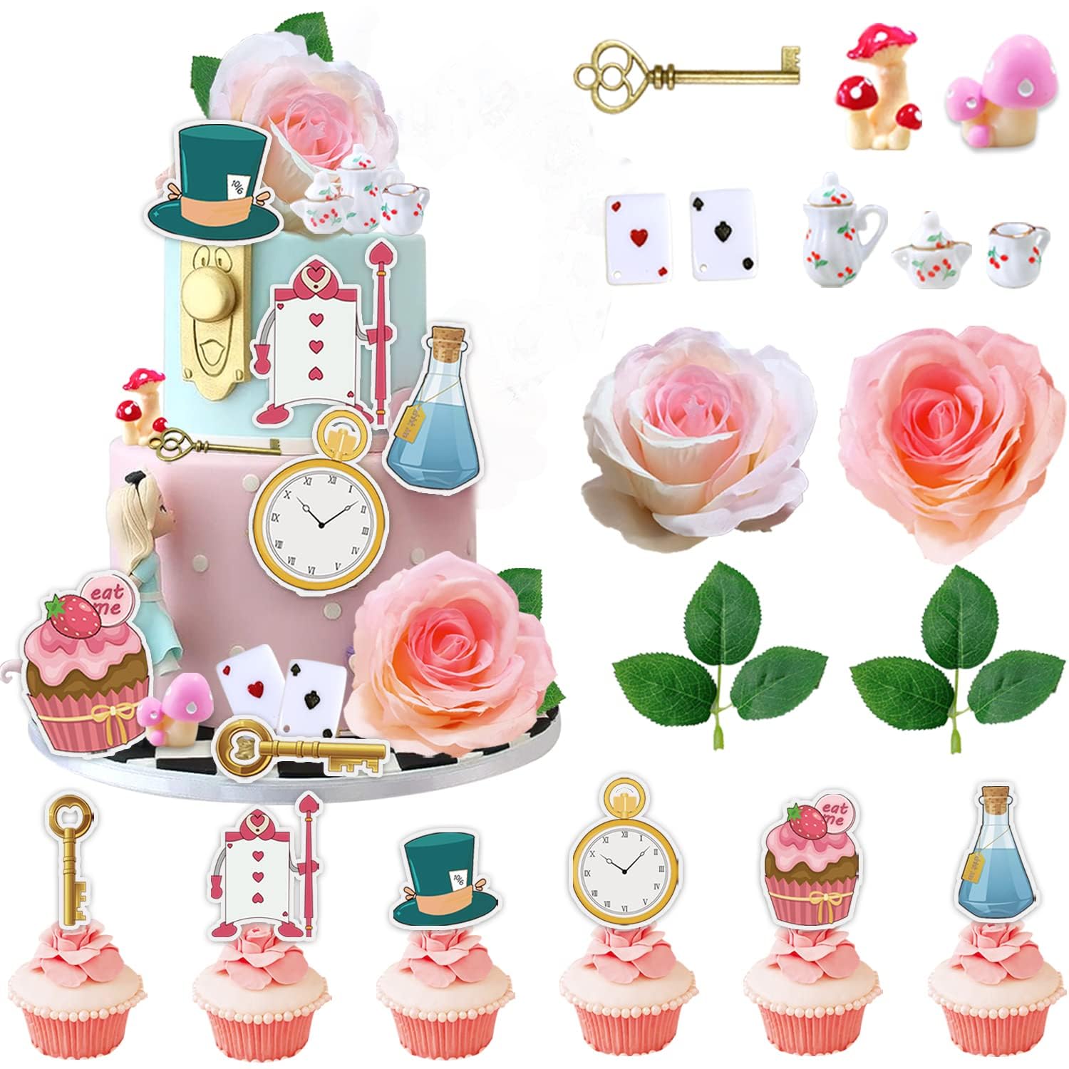 Alice Cake Cupcake Toppers for Magic Tea Party Themed Baby Shower Birthday Party Decoration Supplies (30pcs)