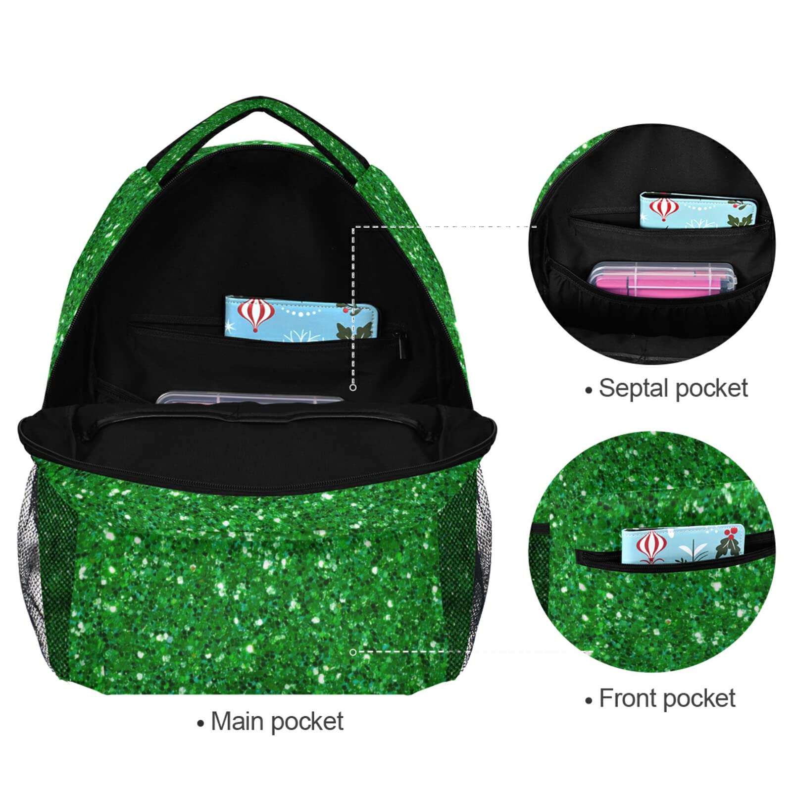 Pfrewn Green Glitter Backpacks for Girls Teens Women School Bookbags Backpack for Kids Students