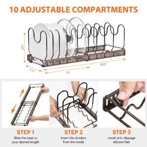 AHNR Expandable Pot and Pan Organizers Rack, 10+ Pans and Pots Lid Organizer Rack Holder, Kitchen Cabinet Pantry Bakeware Organizer Rack Holder with 10 Adjustable Compartments (Bronze)