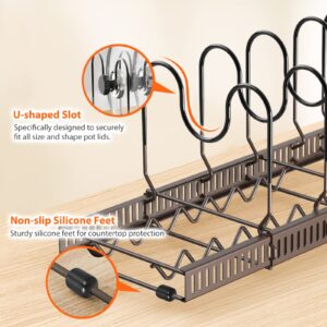 AHNR Expandable Pot and Pan Organizers Rack, 10+ Pans and Pots Lid Organizer Rack Holder, Kitchen Cabinet Pantry Bakeware Organizer Rack Holder with 10 Adjustable Compartments (Bronze)