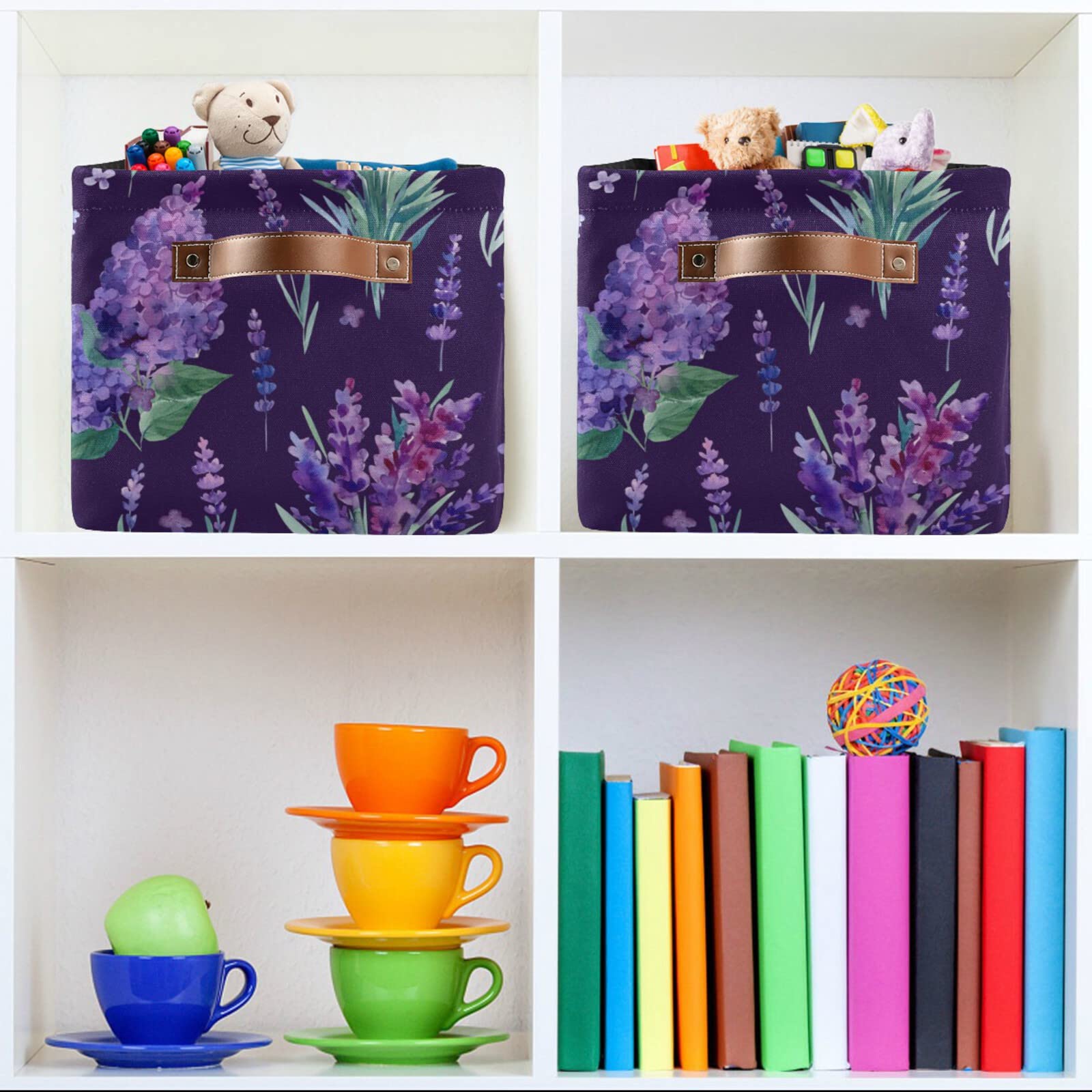 Large Foldable Storage Basket Lavender Flowers Purple Floral Storage Bin Canvas Toys Box Fabric Decorative Collapsible Organizer Bag with Handles for Bedroom Home