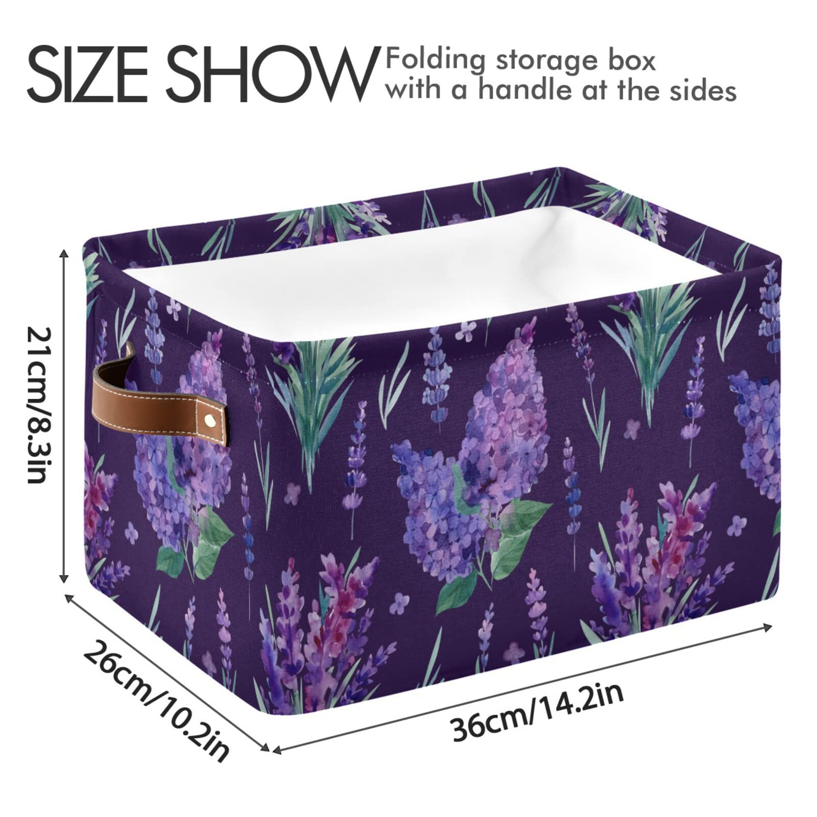 Large Foldable Storage Basket Lavender Flowers Purple Floral Storage Bin Canvas Toys Box Fabric Decorative Collapsible Organizer Bag with Handles for Bedroom Home