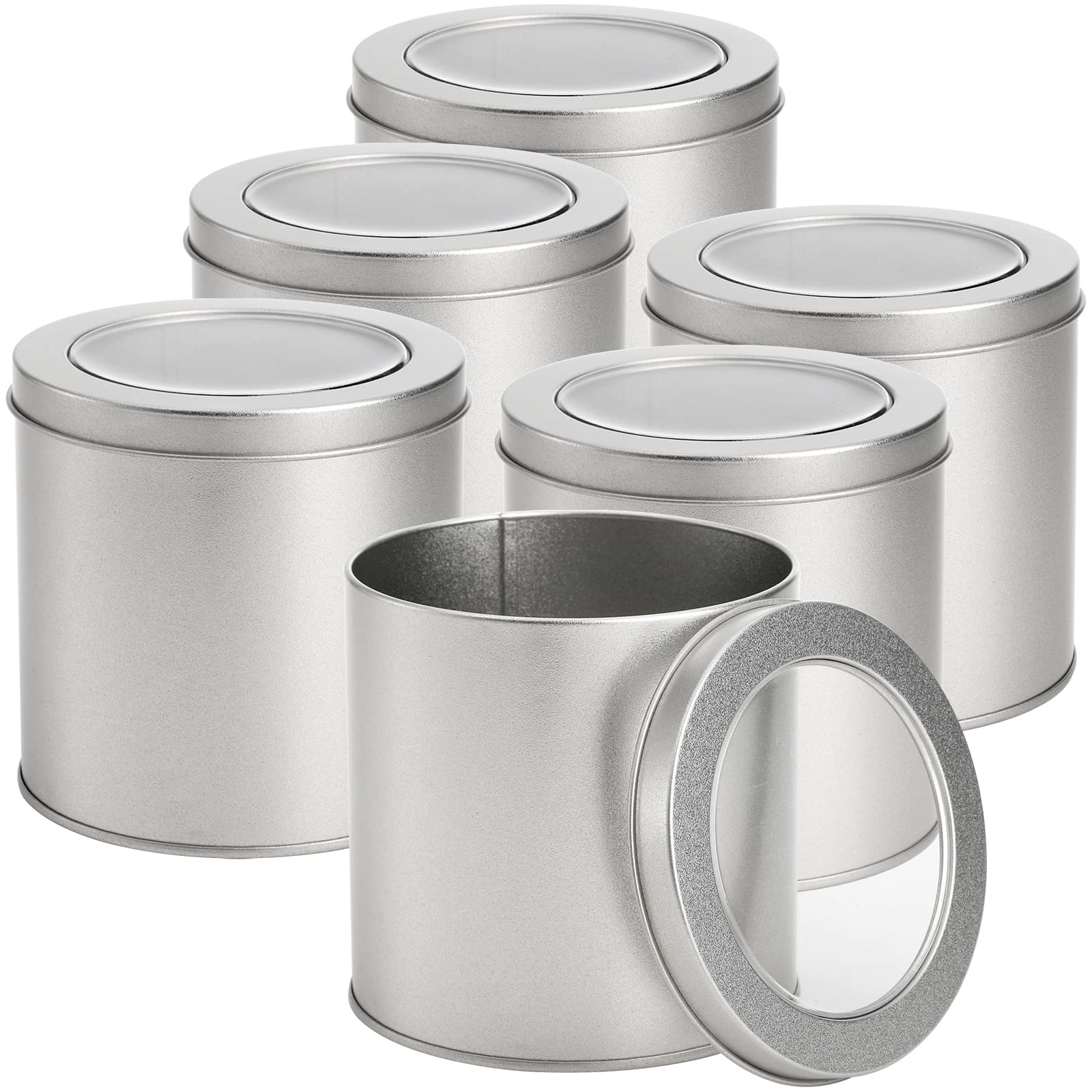 Tosnail 6 Pack Round Metal Tins Canister with Window Top Lid, 17 Oz Tin Can Box, Large Kitchen Tin Container for Loose Tea, Coffee, Candy, Spices - Silver