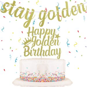 happy golden birthday cake topper, stay golden glitter banner gold birthday decorations golden girls party supplies golden birthday gifts hanging garland for boys girls birthday baby shower party