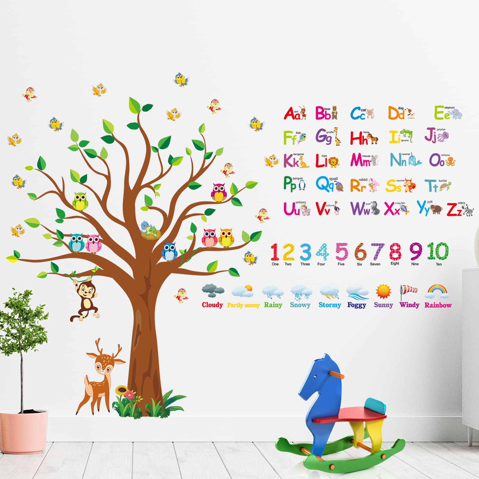 4 Sheets Number Wall Decals Numbers Learning Children Wall Decals Alphabet Wall Stickers ABC Numbers Weather Tree Wall Decals Animal Wall Decals for Kids Bedroom Classroom Playroom Wall Decor