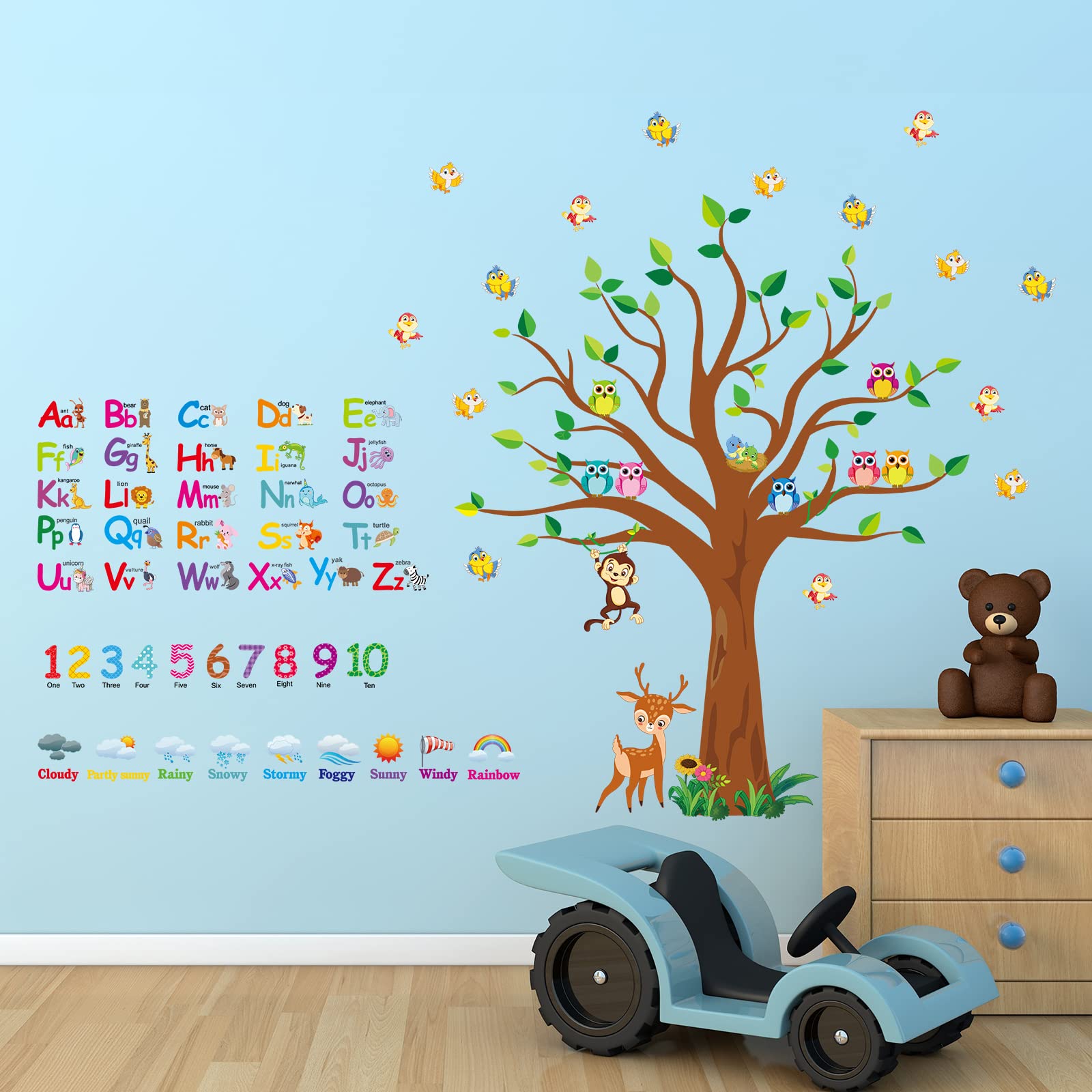 4 Sheets Number Wall Decals Numbers Learning Children Wall Decals Alphabet Wall Stickers ABC Numbers Weather Tree Wall Decals Animal Wall Decals for Kids Bedroom Classroom Playroom Wall Decor