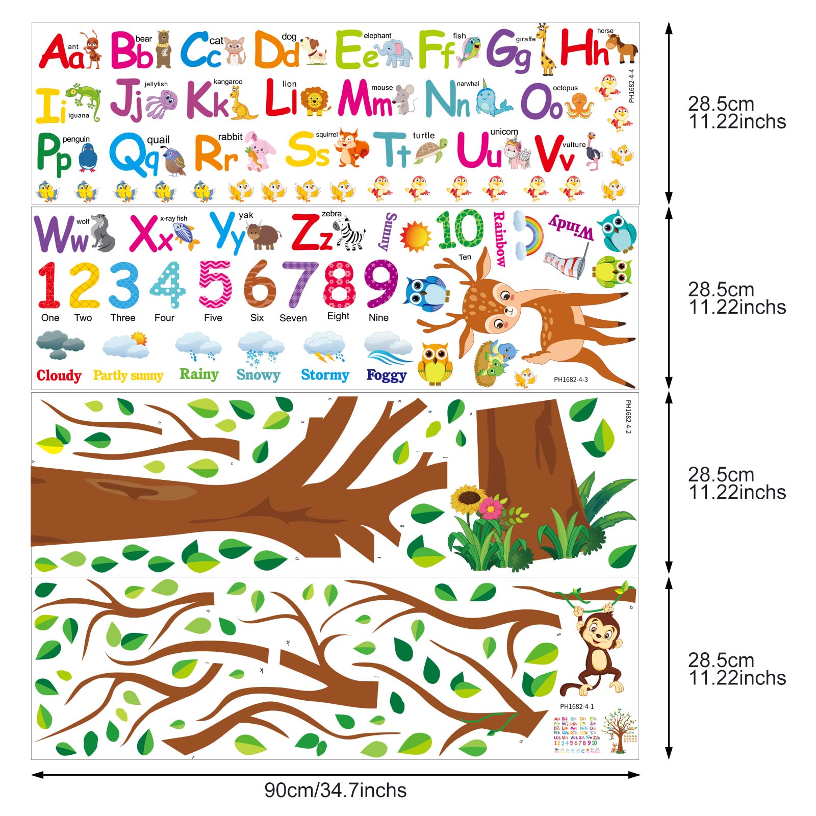 4 Sheets Number Wall Decals Numbers Learning Children Wall Decals Alphabet Wall Stickers ABC Numbers Weather Tree Wall Decals Animal Wall Decals for Kids Bedroom Classroom Playroom Wall Decor