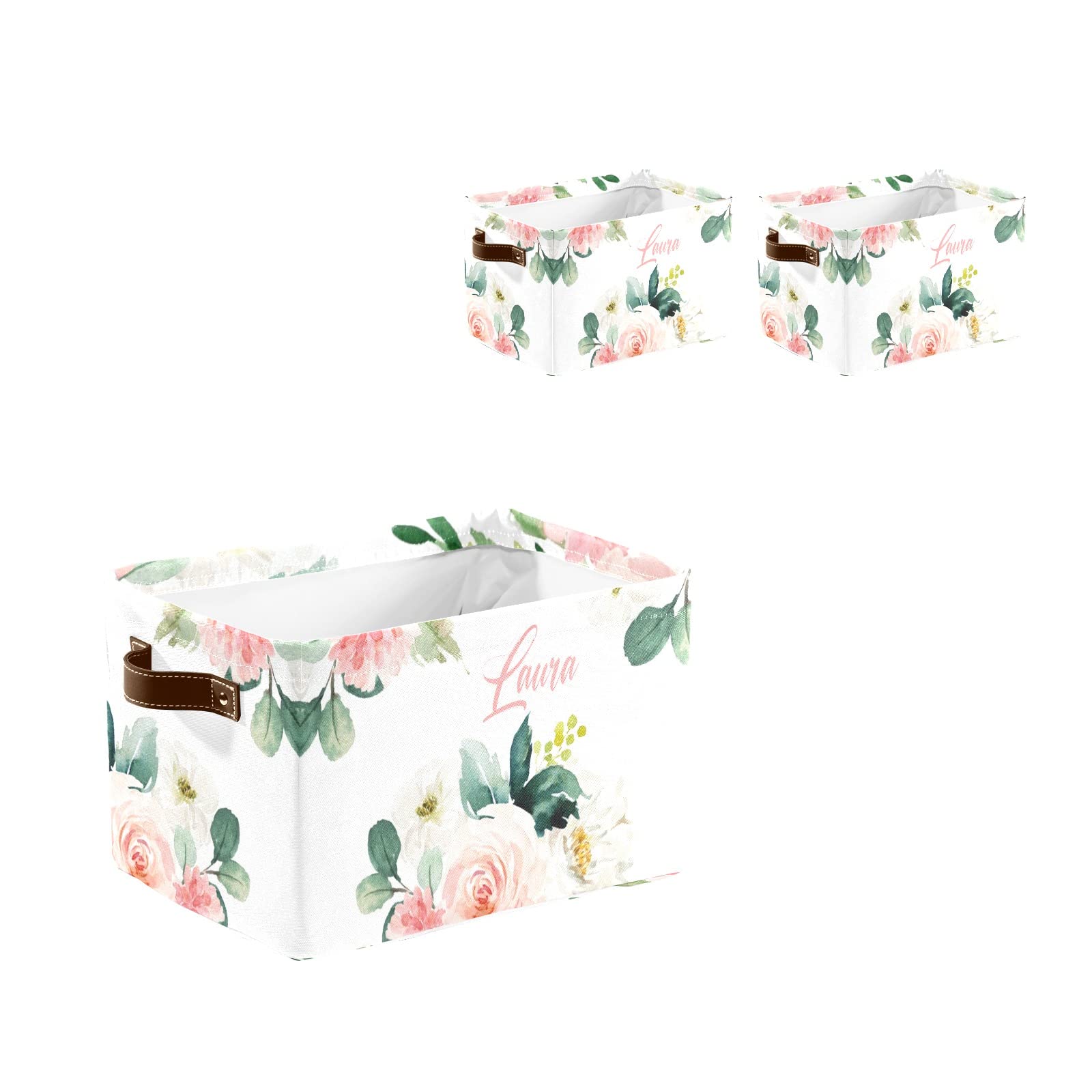 Pink Rose Flower Personalized Custom Name Storage Bins with Handles Shelves Closet Storage Box 2 Pack