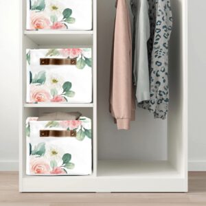 Pink Rose Flower Personalized Custom Name Storage Bins with Handles Shelves Closet Storage Box 2 Pack