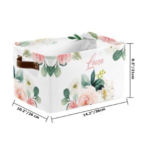 Pink Rose Flower Personalized Custom Name Storage Bins with Handles Shelves Closet Storage Box 2 Pack