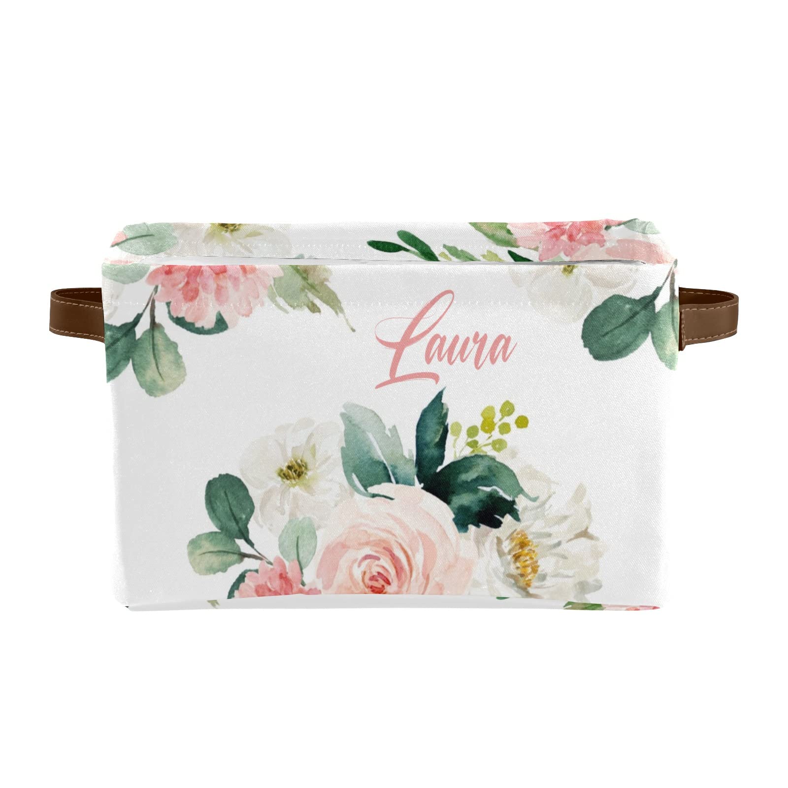 Pink Rose Flower Personalized Custom Name Storage Bins with Handles Shelves Closet Storage Box 2 Pack