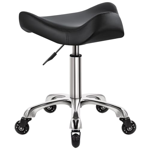 WKWKER Heavy Duty Rolling Stool with Wheels Hydraulic Swivel Adjustable Rolling Stool Ergonomic Thick Irregular Leather Seat Stool Chair for Kitchen Drafting Lab Office Salon Message Stool – Black