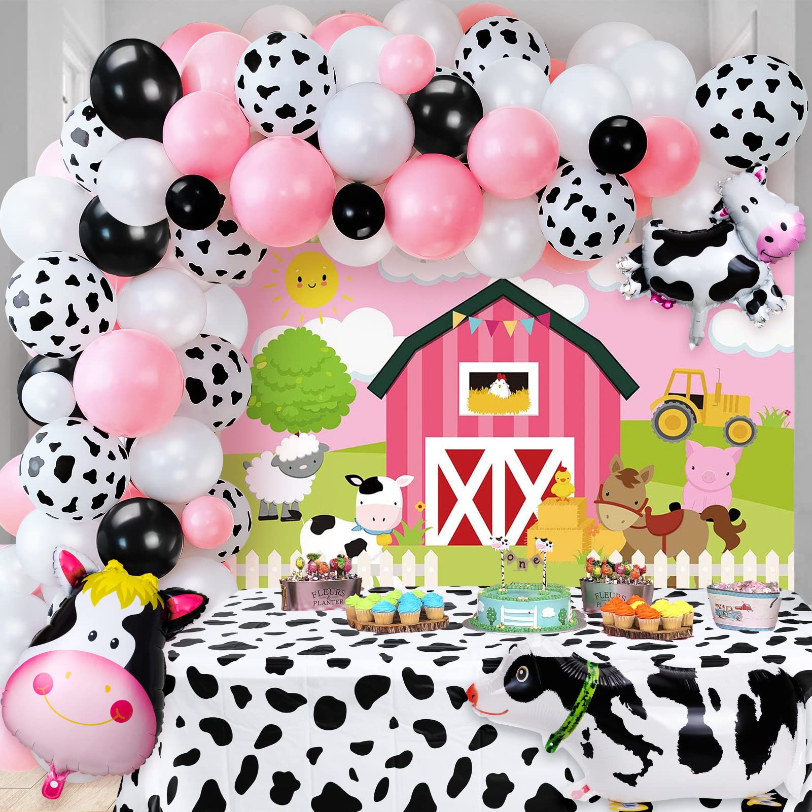 Winrayk Cow Birthday Party Decorations Supplies Farm Pink Cowgirl Cow Print Balloon Arch with Farm Backdrop Cow Print Tablecloth Cow Balloons Cow Print Party Decorations Kids Cow Birthday Decorations