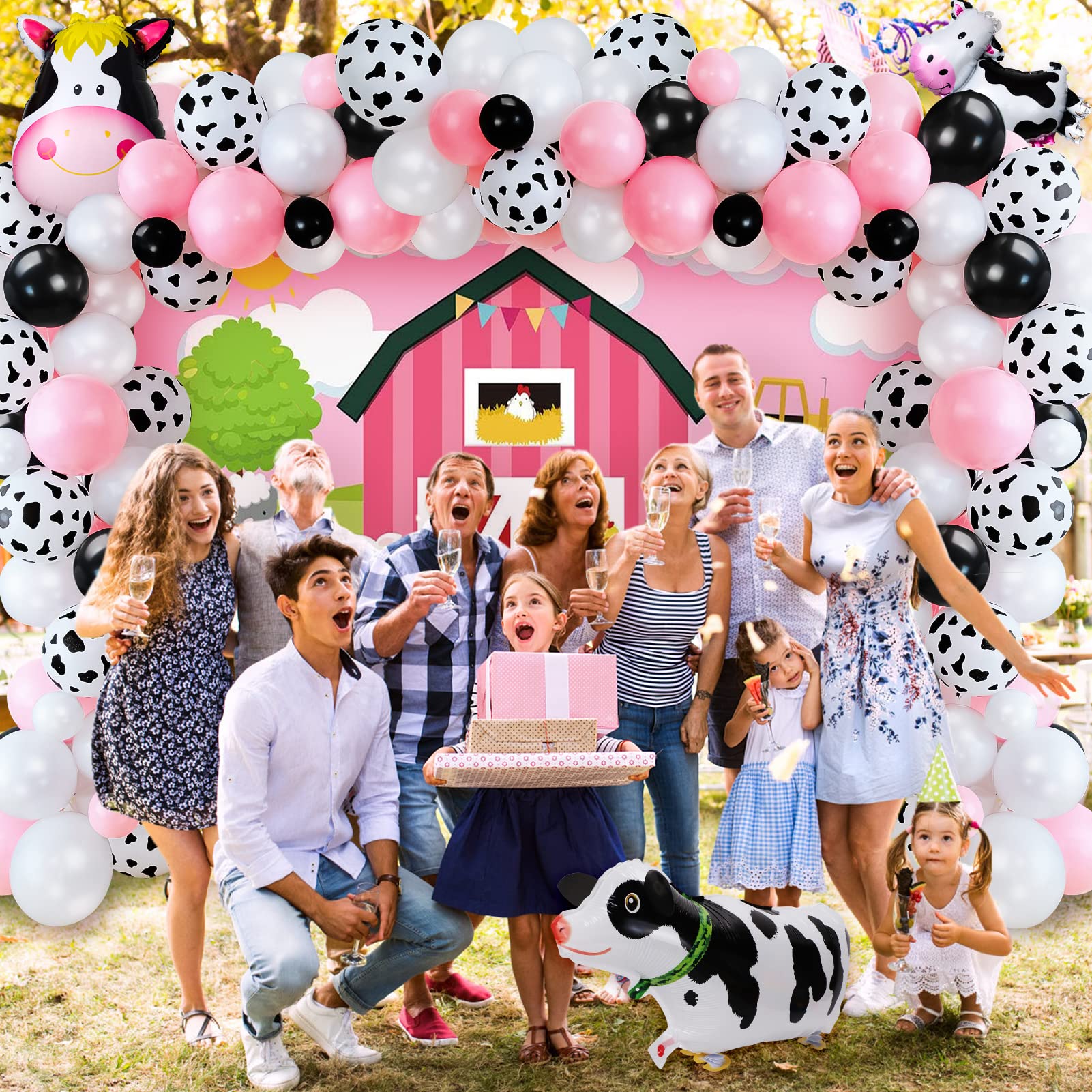 Winrayk Cow Birthday Party Decorations Supplies Farm Pink Cowgirl Cow Print Balloon Arch with Farm Backdrop Cow Print Tablecloth Cow Balloons Cow Print Party Decorations Kids Cow Birthday Decorations