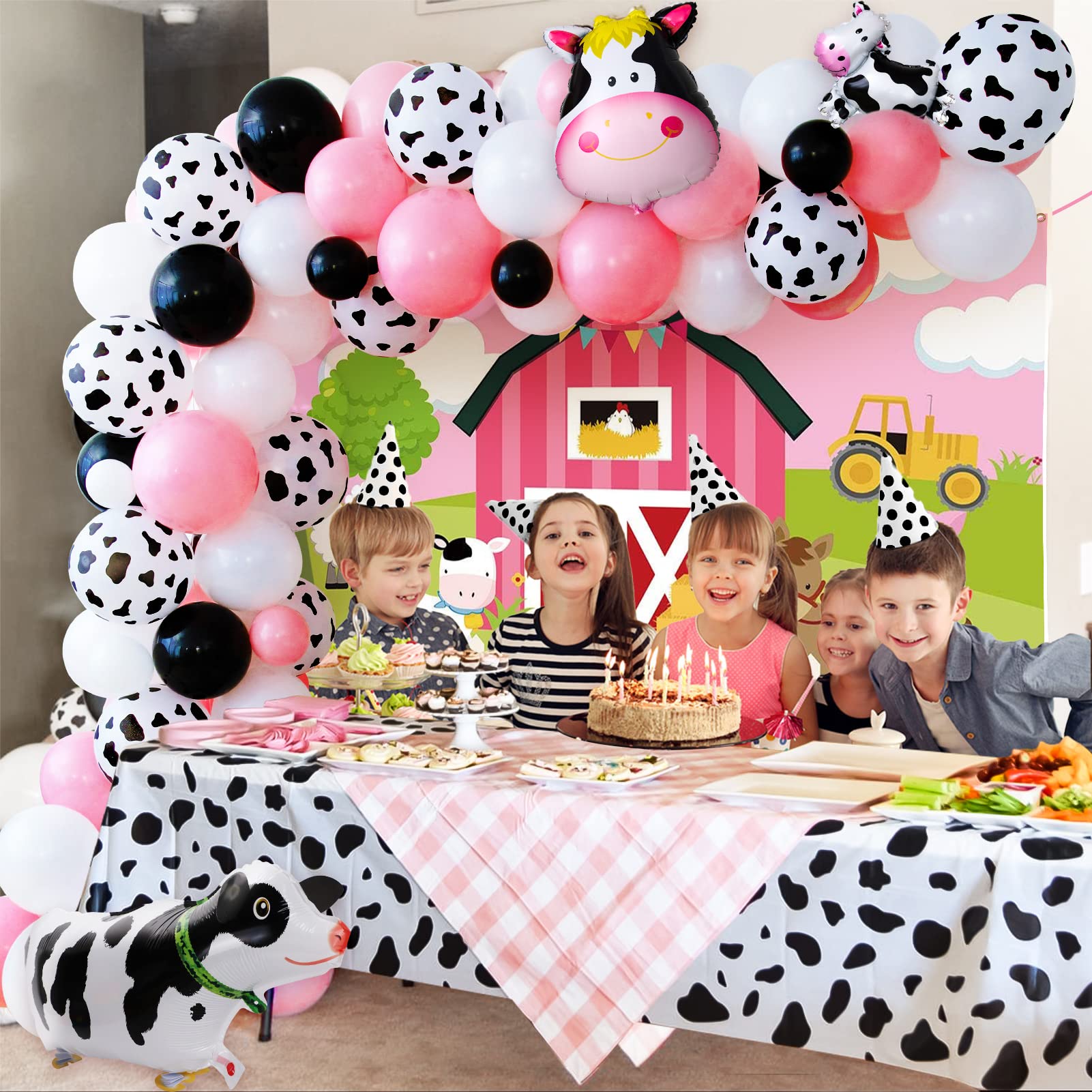 Winrayk Cow Birthday Party Decorations Supplies Farm Pink Cowgirl Cow Print Balloon Arch with Farm Backdrop Cow Print Tablecloth Cow Balloons Cow Print Party Decorations Kids Cow Birthday Decorations