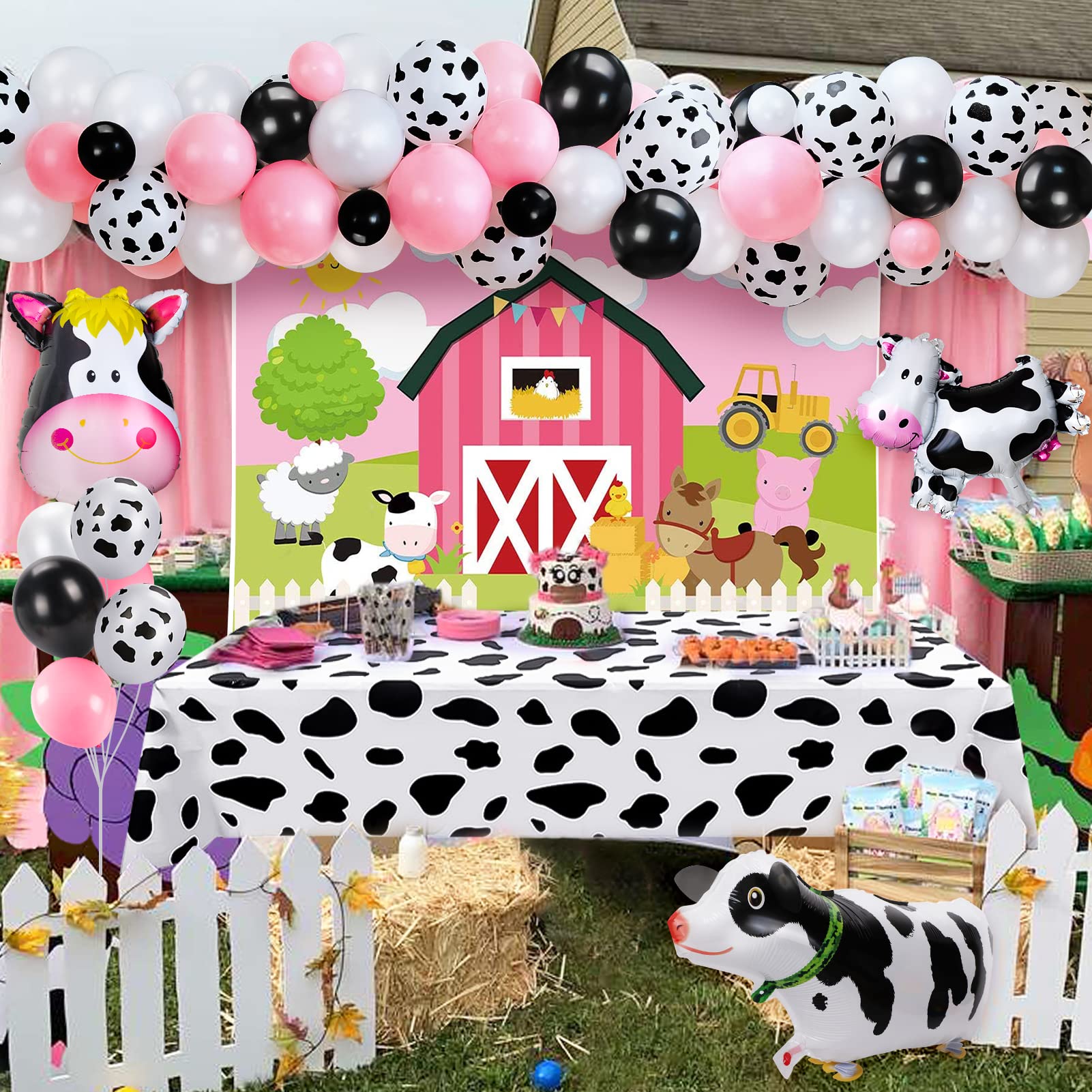 Winrayk Cow Birthday Party Decorations Supplies Farm Pink Cowgirl Cow Print Balloon Arch with Farm Backdrop Cow Print Tablecloth Cow Balloons Cow Print Party Decorations Kids Cow Birthday Decorations