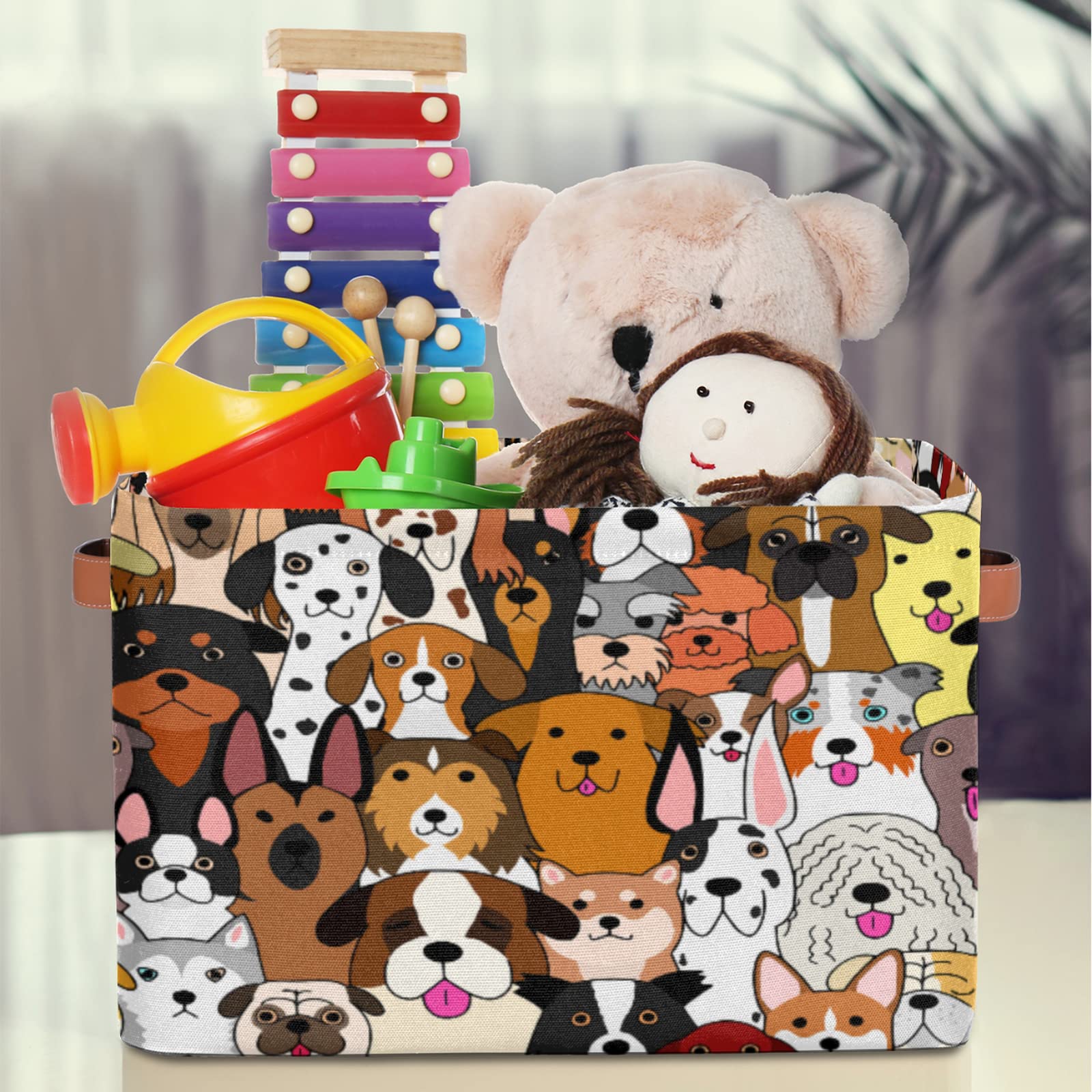 Pardick Cute Dog Puppy Storage Basket Storage Cube Bins Dog Breed Canvas Collapsible Toy Basket Organizer Waterproof Laundry Box with Handle for Shelf Closet Office Bedroom, 1PCS