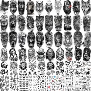 rejaski 60 sheets ferocious lion tiger temporary tattoos for men women arm neck, scary devil skull skeleton fake tattoos for adult teens halloween, black 3d wolf dragon realistic tatoo sticker forearm