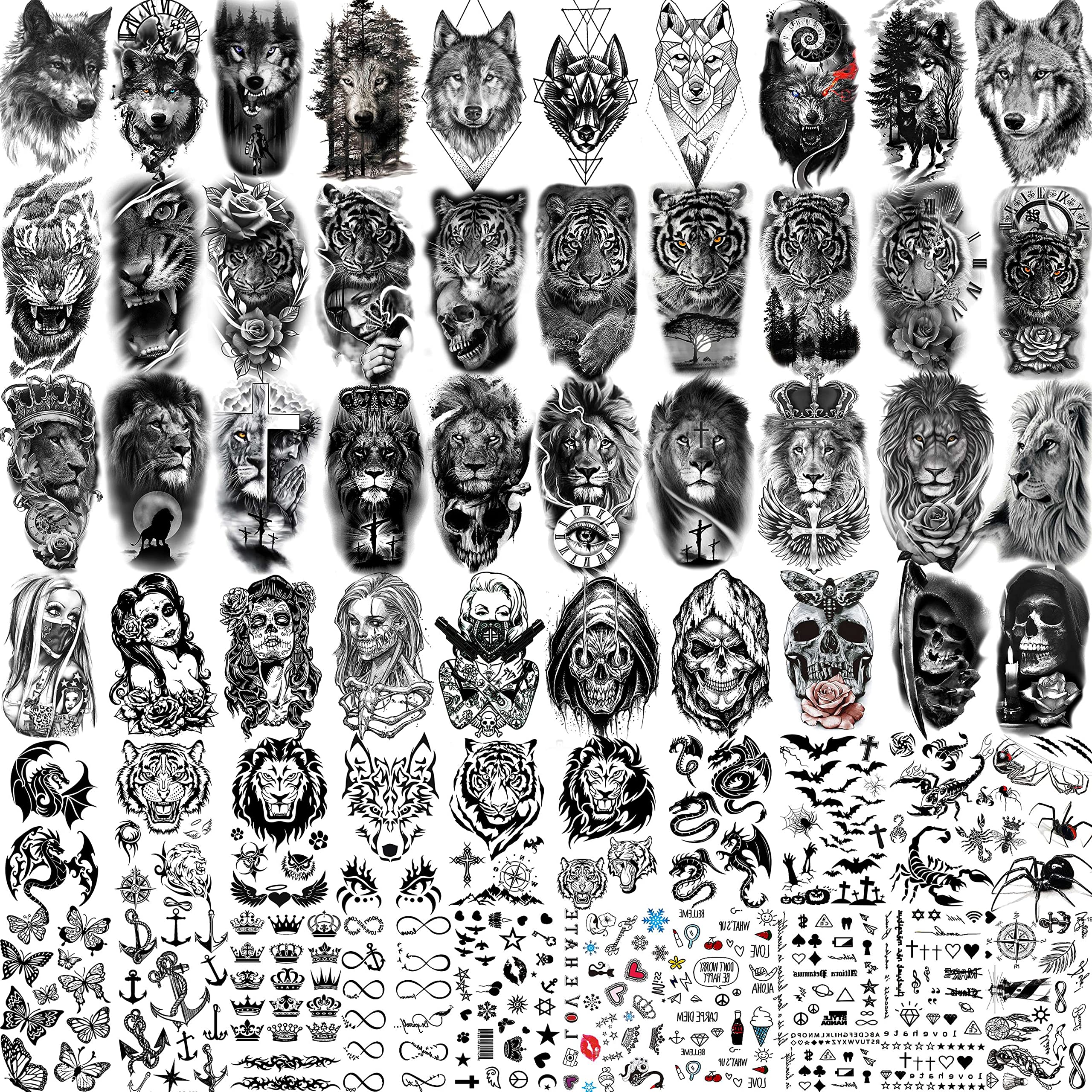 Rejaski 60 Sheets Ferocious Lion Tiger Temporary Tattoos For Men Women Arm Neck, Scary Devil Skull Skeleton Fake Tattoos For Adult Teens Halloween, Black 3D Wolf Dragon Realistic Tatoo Sticker Forearm