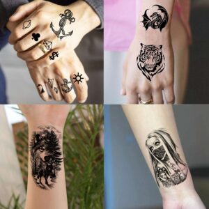 Rejaski 60 Sheets Ferocious Lion Tiger Temporary Tattoos For Men Women Arm Neck, Scary Devil Skull Skeleton Fake Tattoos For Adult Teens Halloween, Black 3D Wolf Dragon Realistic Tatoo Sticker Forearm