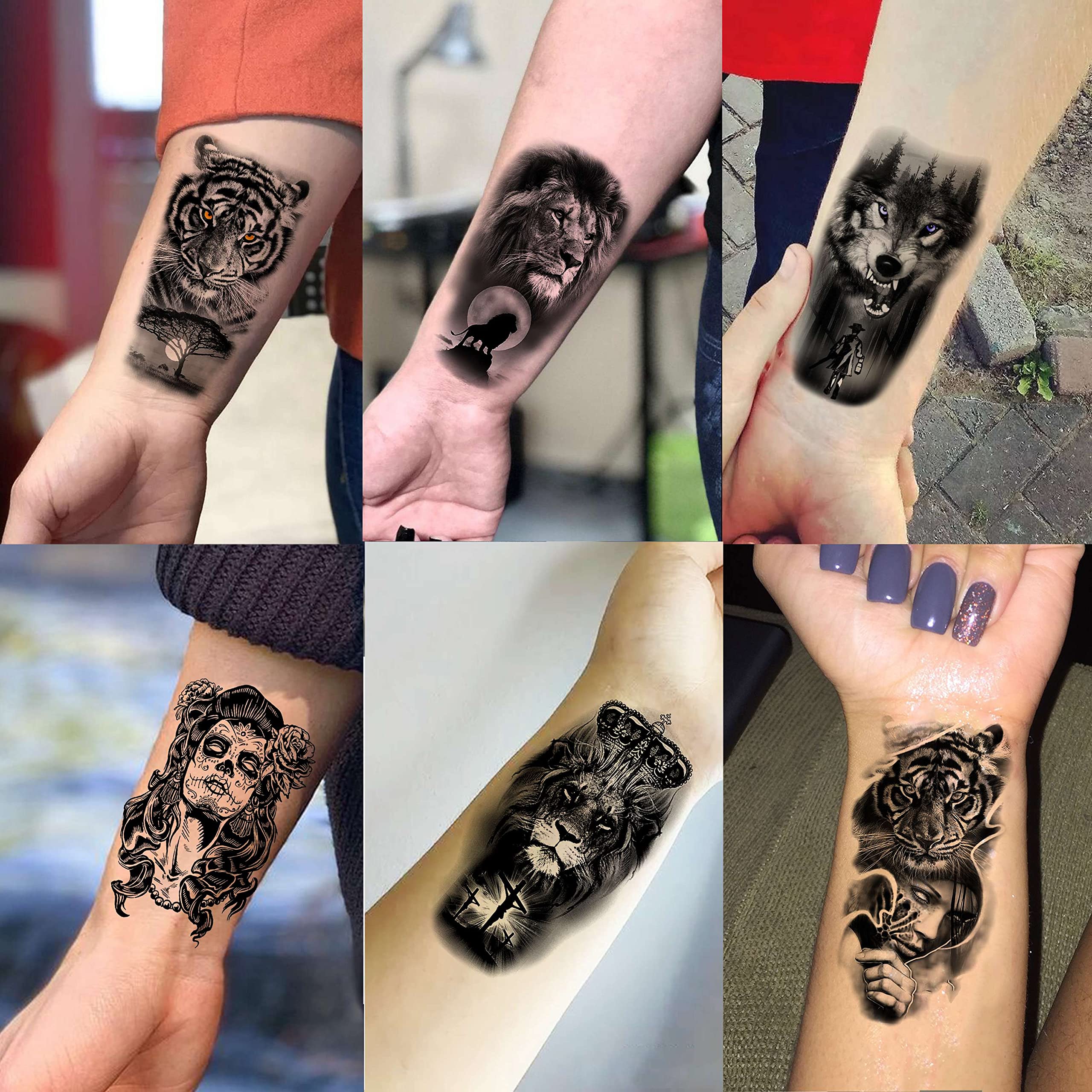 Rejaski 60 Sheets Ferocious Lion Tiger Temporary Tattoos For Men Women Arm Neck, Scary Devil Skull Skeleton Fake Tattoos For Adult Teens Halloween, Black 3D Wolf Dragon Realistic Tatoo Sticker Forearm