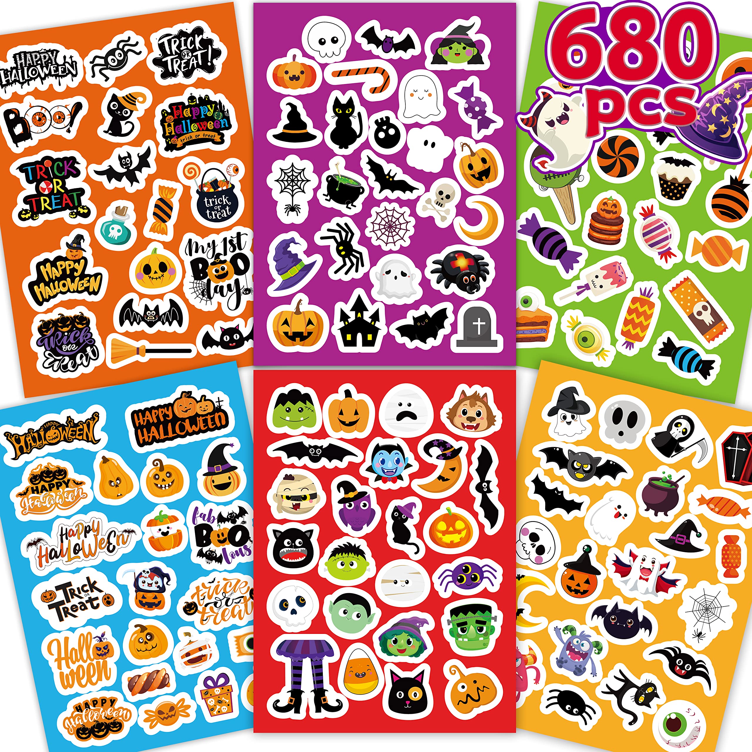 Halloween Stickers for Kids Adults 24 Sheets Cute Halloween Stickers Bulk Sheets for Treat Bags/Boxes/Gifts/Cards Halloween Adhesive Stickers for Teacher Classroom Halloween Party Favors for Kids