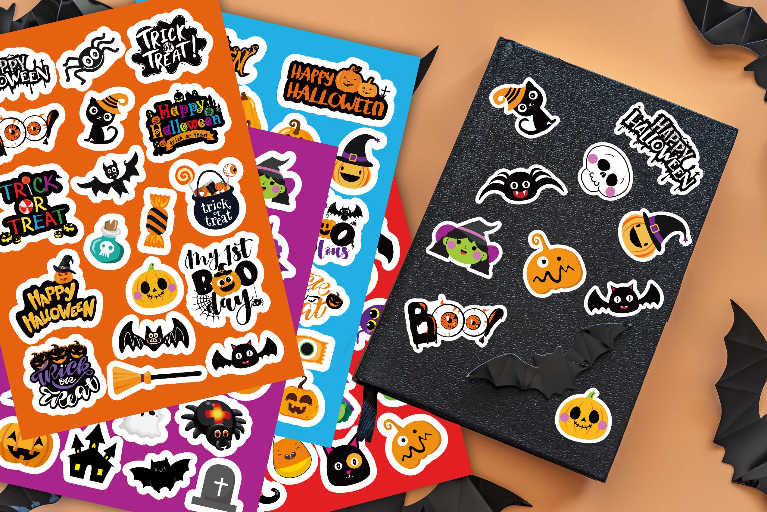 Halloween Stickers for Kids Adults 24 Sheets Cute Halloween Stickers Bulk Sheets for Treat Bags/Boxes/Gifts/Cards Halloween Adhesive Stickers for Teacher Classroom Halloween Party Favors for Kids