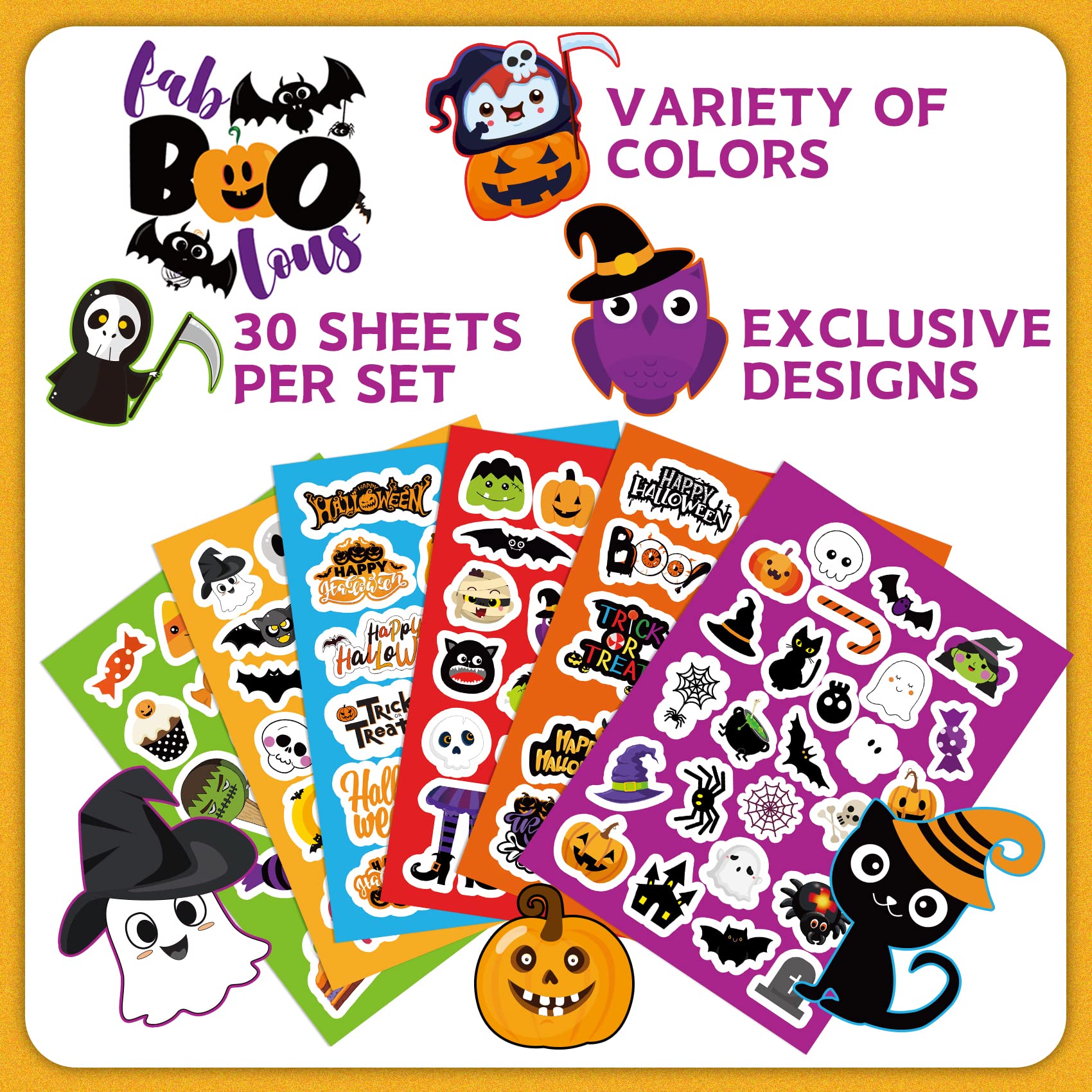 Halloween Stickers for Kids Adults 24 Sheets Cute Halloween Stickers Bulk Sheets for Treat Bags/Boxes/Gifts/Cards Halloween Adhesive Stickers for Teacher Classroom Halloween Party Favors for Kids