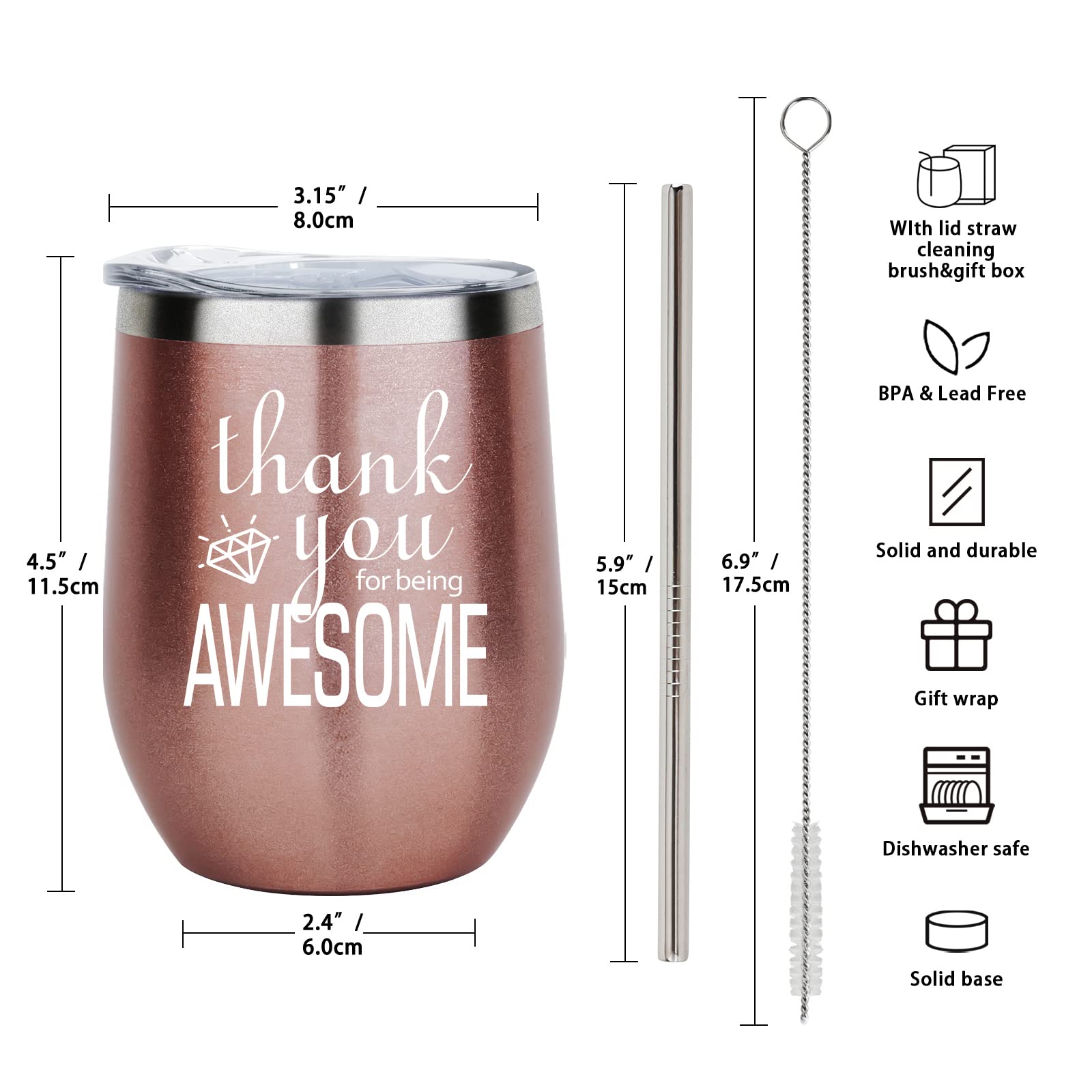 Thank You for Being Awesome Wine Tumbler Thank You Tumbler Thank You Gifts Birthday Thanksgiving Christmas Gifts for Women Men Coworkers Friends 12 Ounce with Lid Straw Gift Box Rose Gold