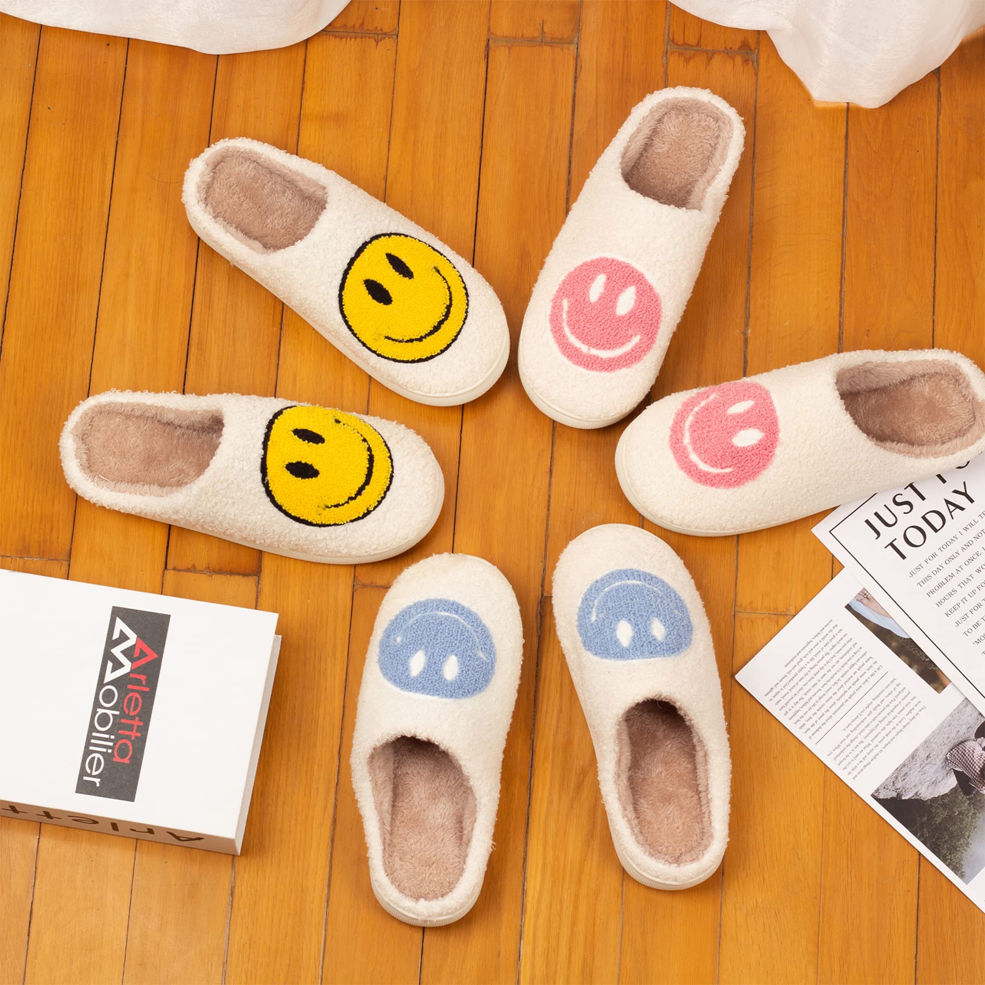 DepiYorSn Happy Face Slippers Retro Cozy Comfy Plush Warm Slip-on Slippers Winter Soft Fuzzy Indoor House Shoes with Memory Foam for Men Women…