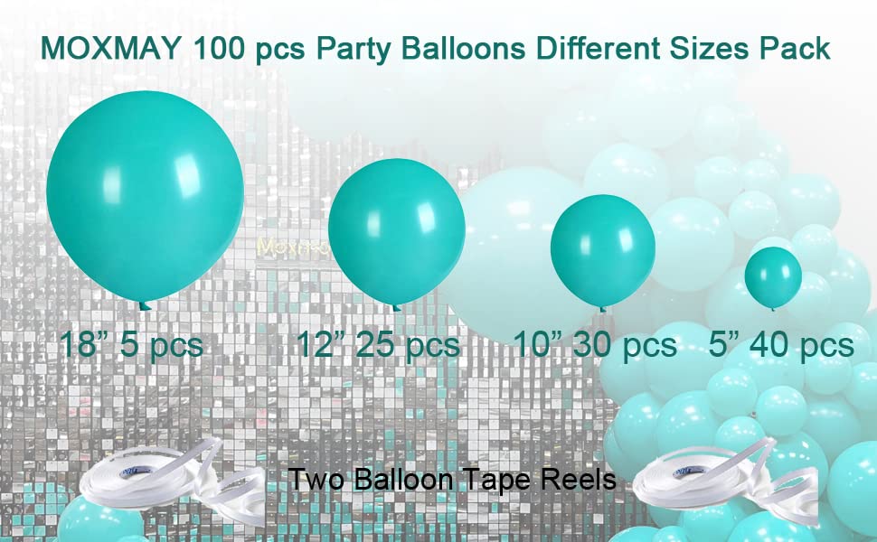 MOXMAY 102 Pieces Teal Blue Balloons 18In 12In 10In 5In Different Sizes Party Balloon Kit for Birthday Halloween Christmas Wedding Baby Shower Bride Party Decoration (Teal Blue)