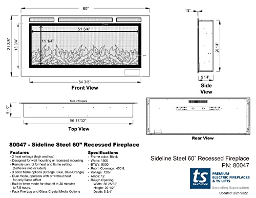 Touchstone Sideline® Anti-Glare Screen-Front 60" 80047 Electric Fireplace