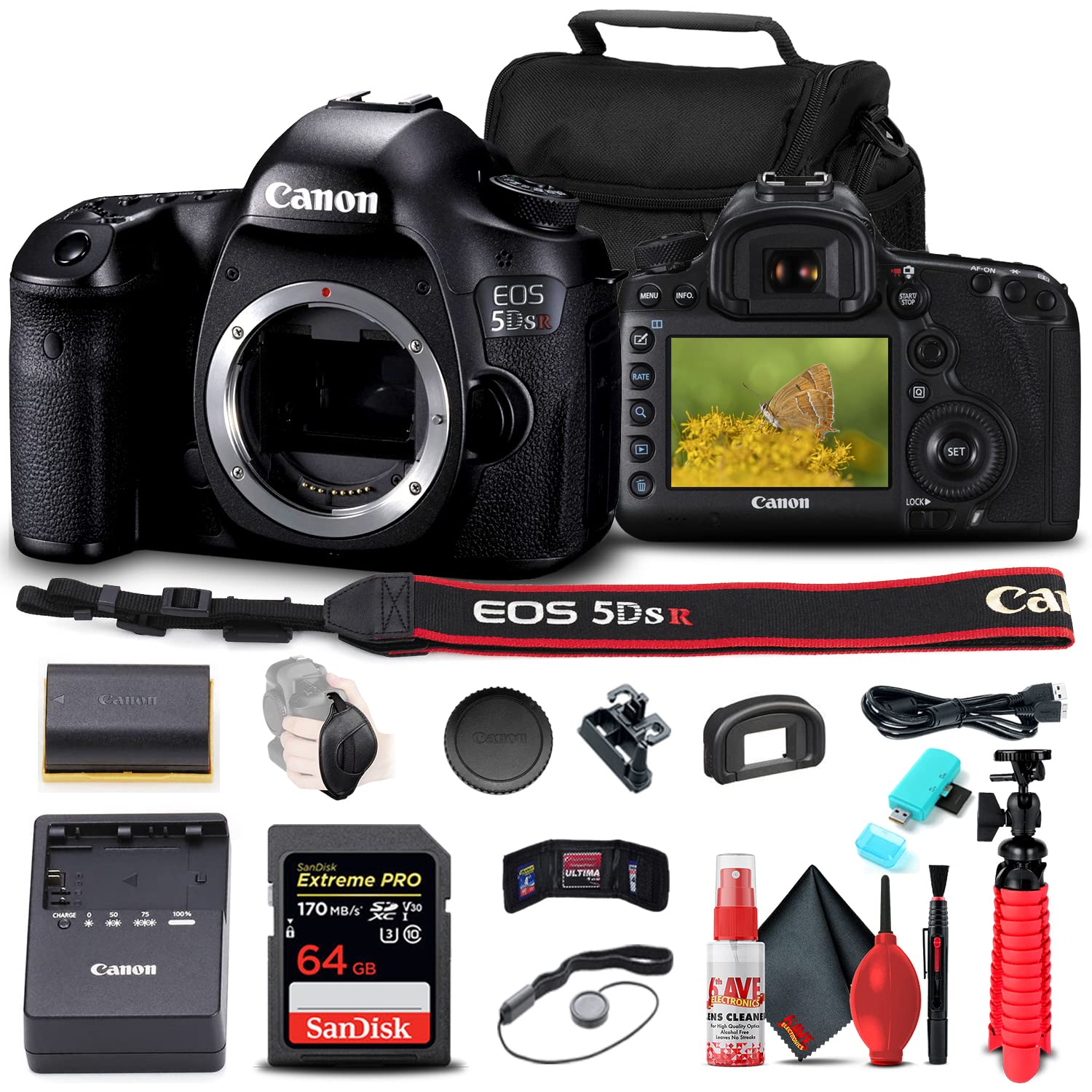 Canon EOS 5DS R DSLR Camera (Body Only) (0582C002) + 64GB Memory Card + Card Reader + Case + Flex Tripod + Hand Strap + Cap Keeper + Memory Wallet + Cleaning Kit (Renewed)